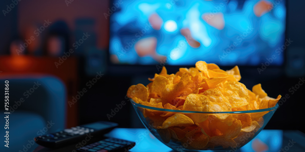 A bowl of crispy potato chips and a remote control set the scene for a ...