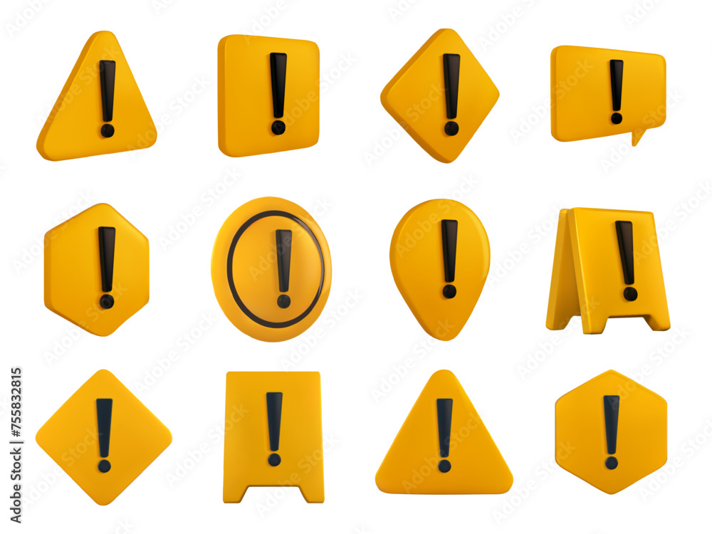 Yellow 3D warning sign. Hazard symbols with exclamation points, safety ...