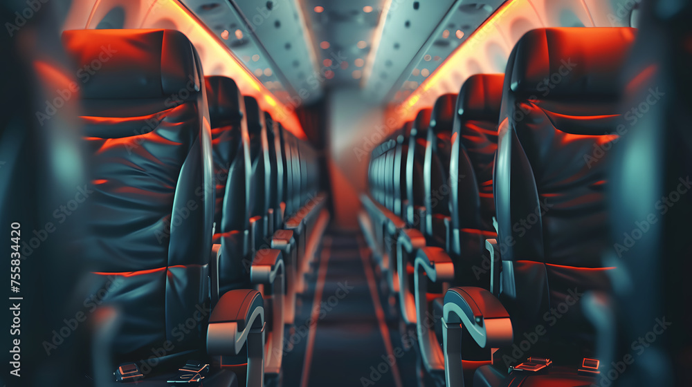 Empty airplane interior with leather seats. Travel and transport ...