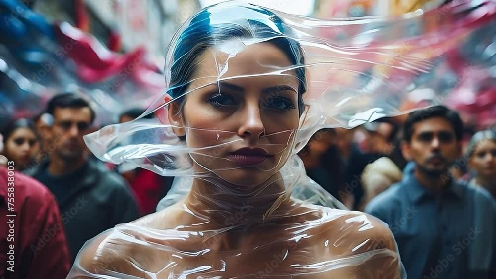 Vidéo Stock Girl Wrapped in salafan on the street in front of a crowd ...