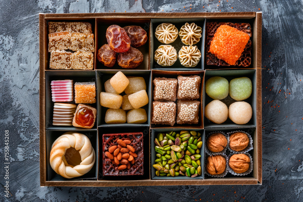 Arabic sweets boxes.Top view showing several shapes and types of ...