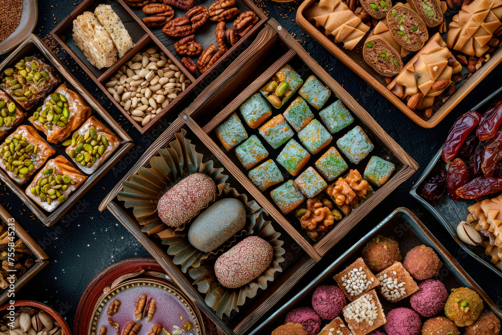 Arabic sweets boxes.Top view showing several shapes and types of ...