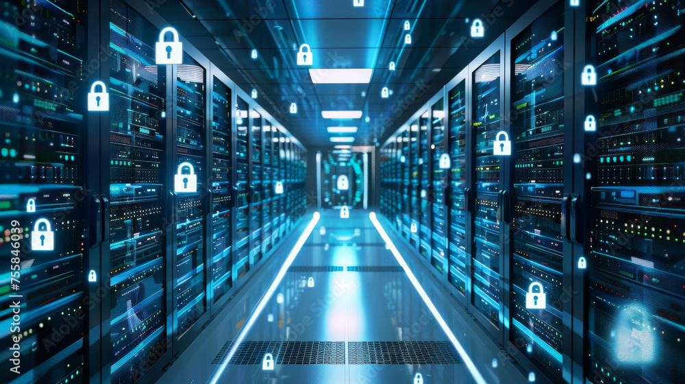 Cybersecurity in data centers server, digital lock icons, technology ...