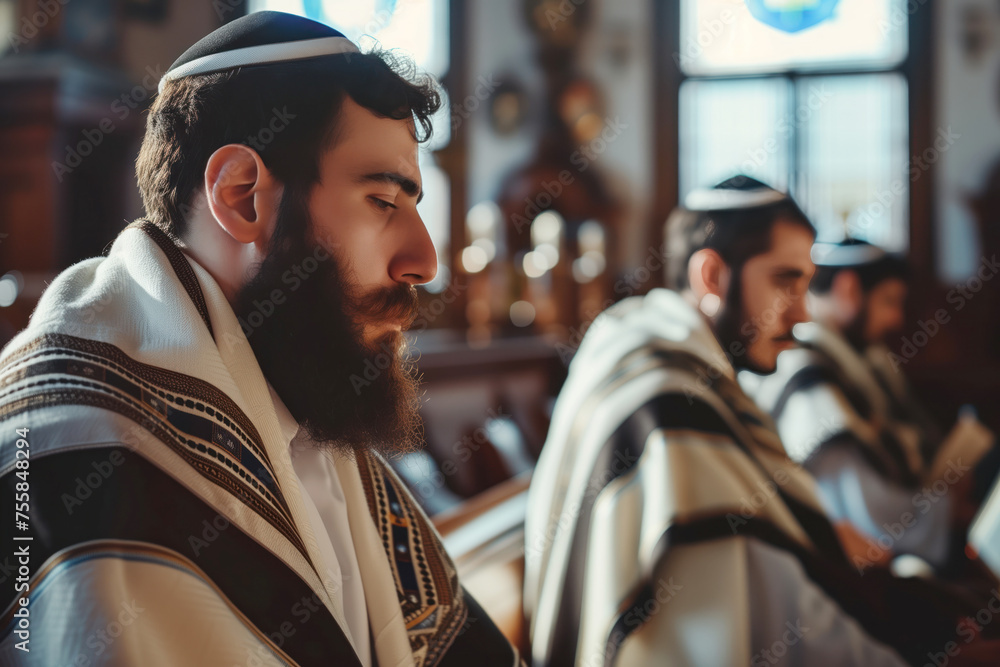 Jewish men praying in a religious orthodox synagogue with tallit AI ...