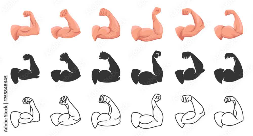 Strong biceps. Gym arm flexing, bicep muscle power silhouette and hand ...