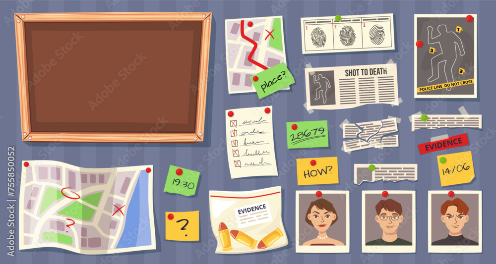 Cartoon detective board elements. Investigation clues and evidence maps ...