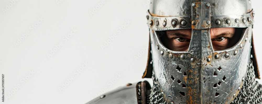 Partial view of an armored knight with blurred face against a white ...