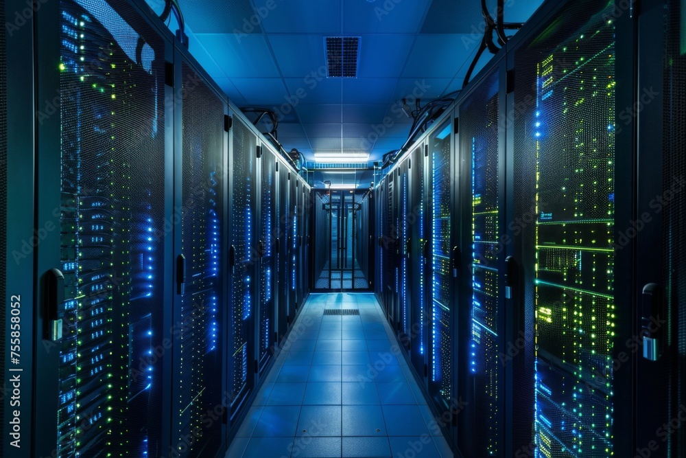 Modern server room with blue lights in datacenter - Center aisle of a ...