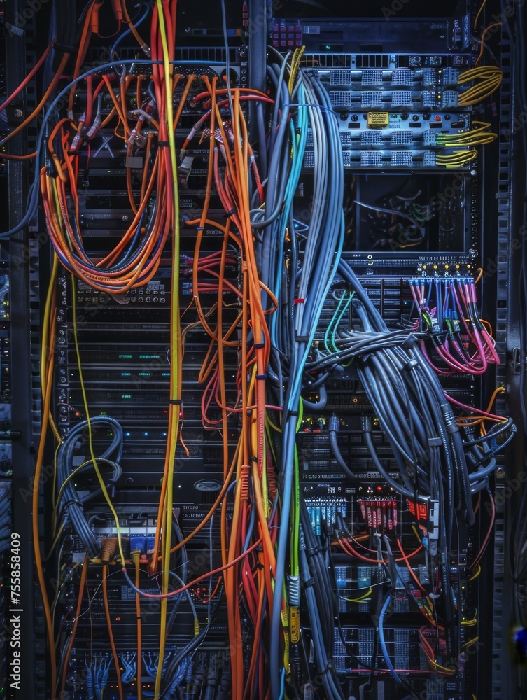 Complex Network System Within Data Server Rack Intricate And Brightly