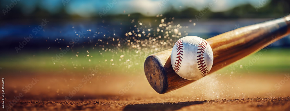 Baseball collides with bat. The bat's swing connects powerfully with ...