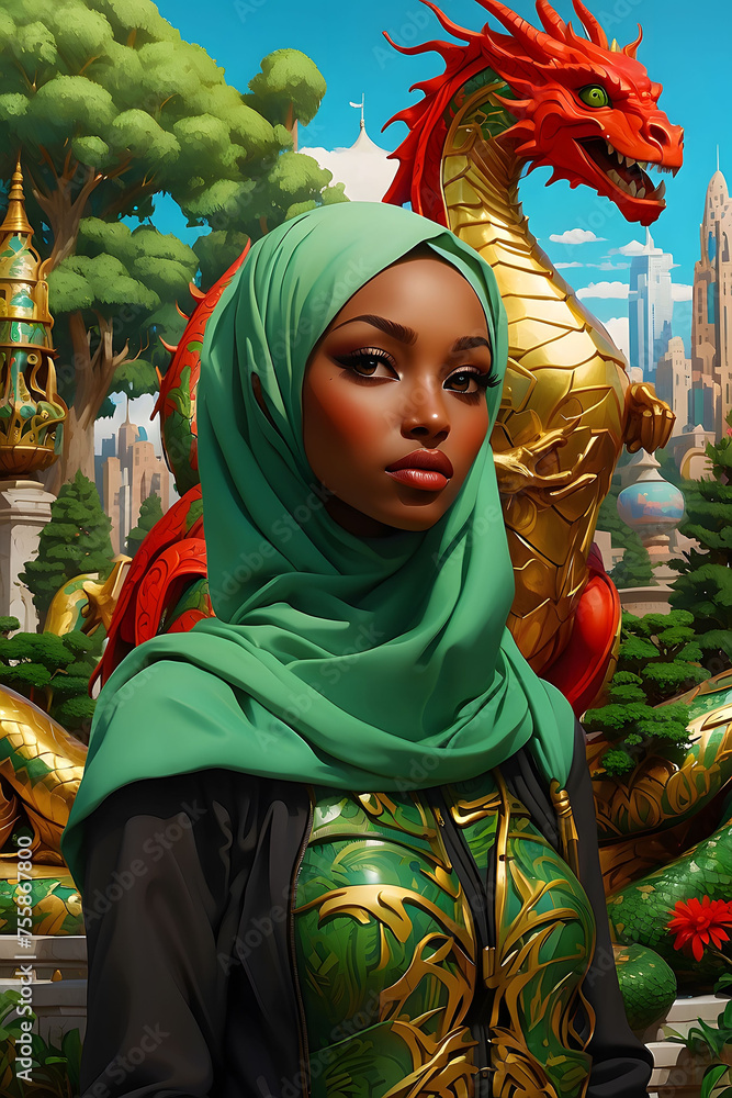 Black muslim woman in chinese city with dragon statues and traditional ...