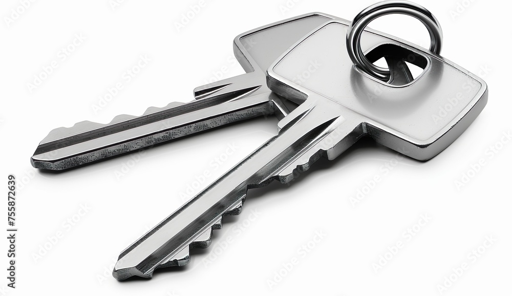 The houses shaped silver key ring with keys on a white background ...