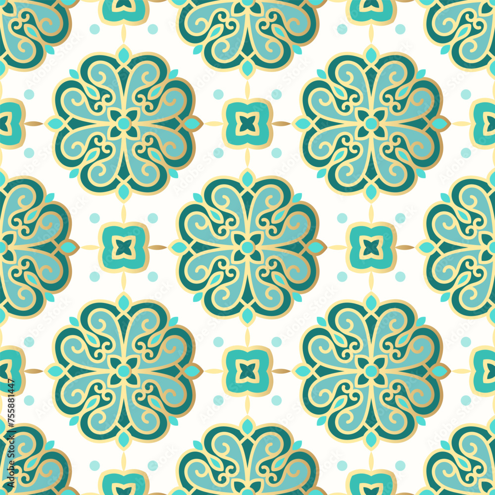 Gold and turquoise luxury vector seamless pattern. Ornament ...