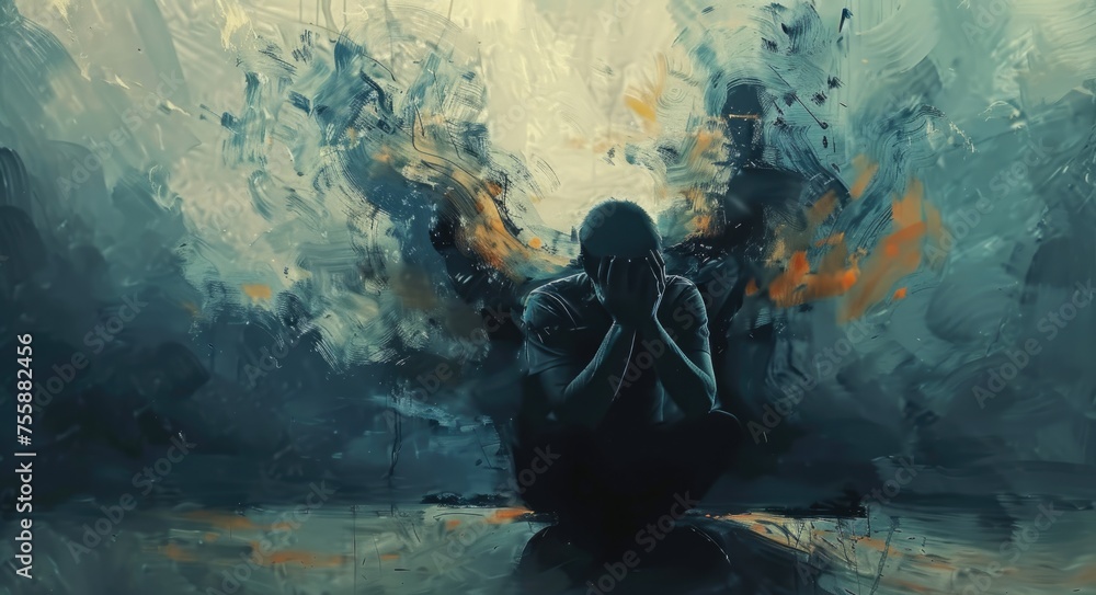 ภาพประกอบสต็อก Sorrow Unveiled: Surreal Concept Art of Bipolar Mental ...