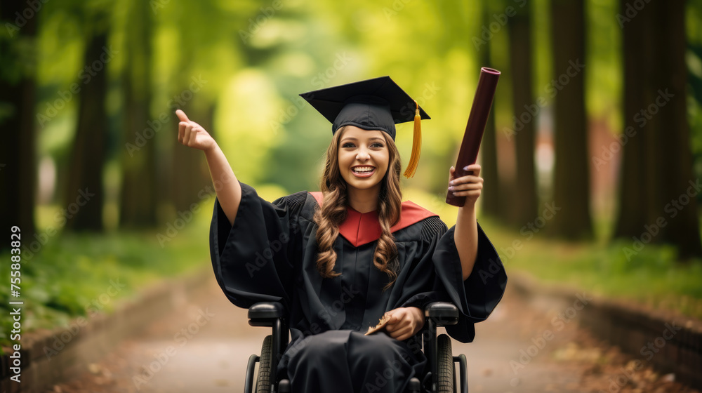 Joyful graduate in a wheelchair, wearing a graduation gown and cap ...