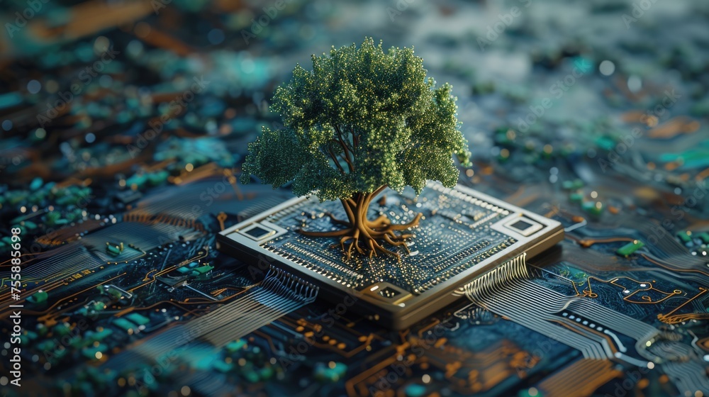 The bottom angle view of the growing green tree on the cpu on the land ...