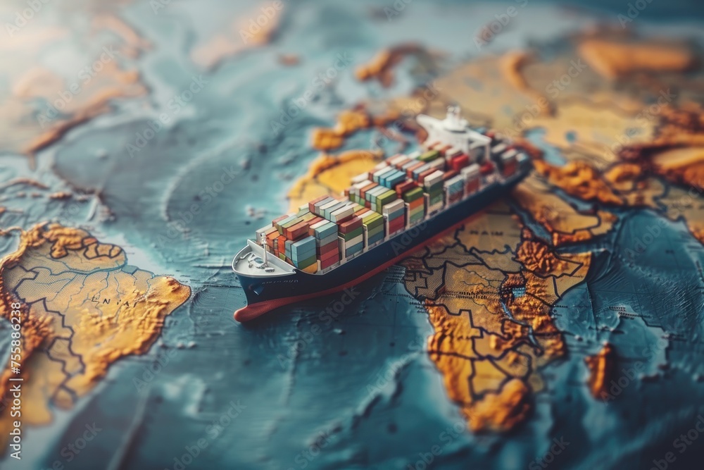 A large ship is on a map of the world. The ship is blue and has a red ...