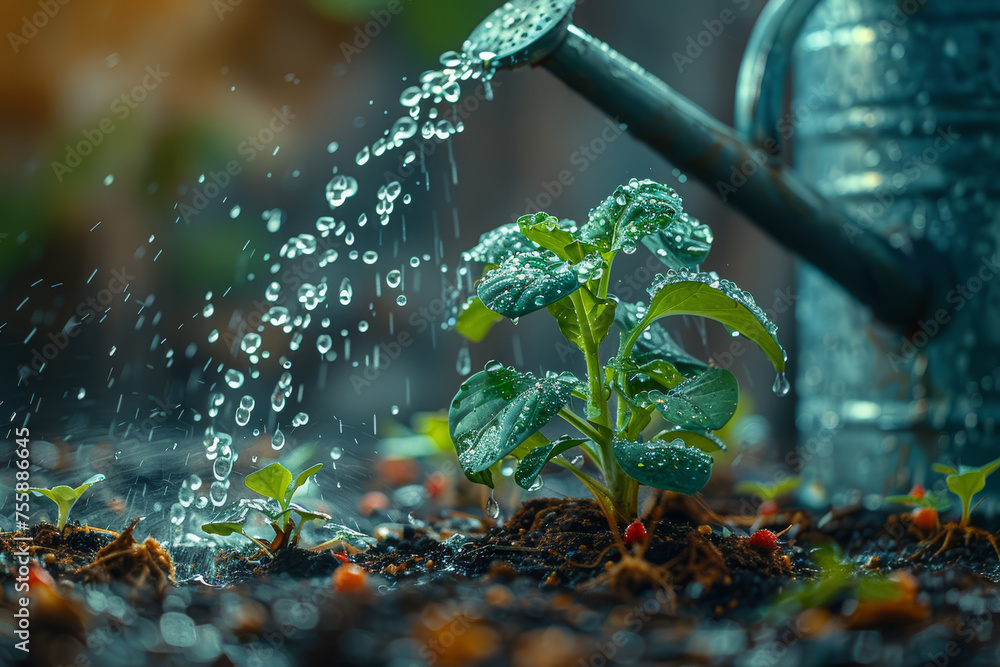 A watering can showering droplets on thirsty seedlings, highlighting ...
