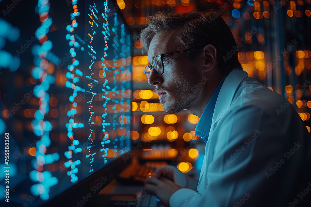 A geneticist analyzing DNA sequences on a computer screen, unraveling the genetic code and its ...