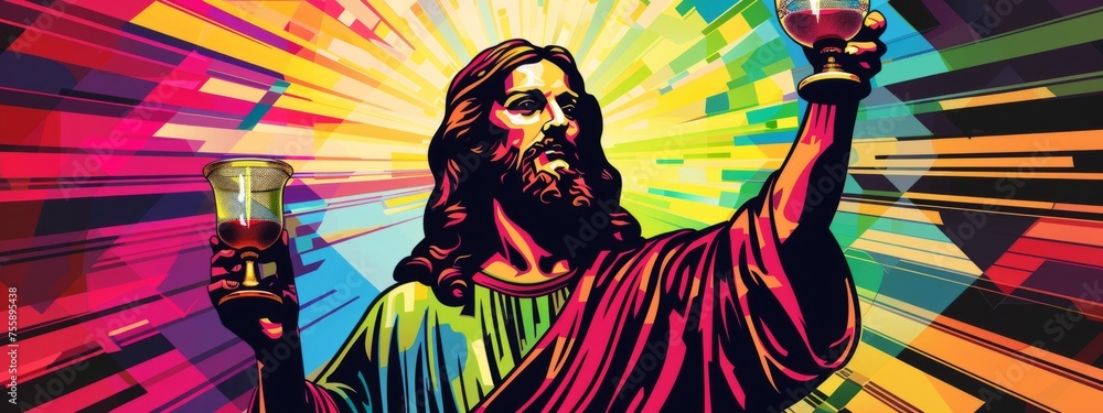 Jesus holding up the chalice of wine with a colorful background ...