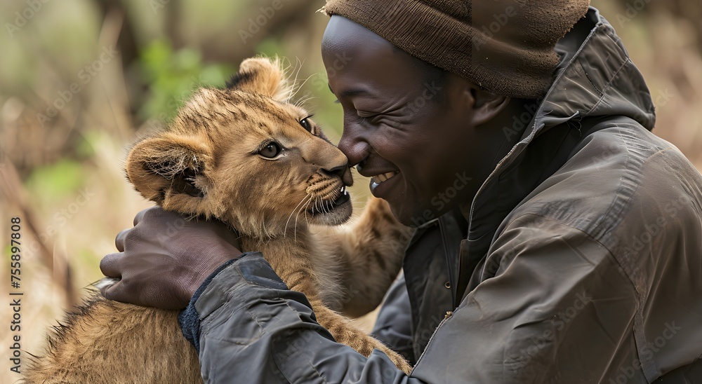 black aboriginal volunteer helping wild animals of Africa, lion cub ...