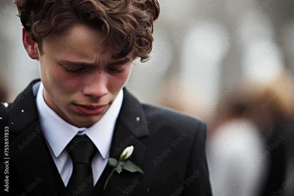 Generative ai picture of crying sad boy in a black suit on funeral ...