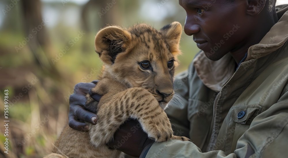black aboriginal volunteer helping wild animals of Africa, lion cub ...