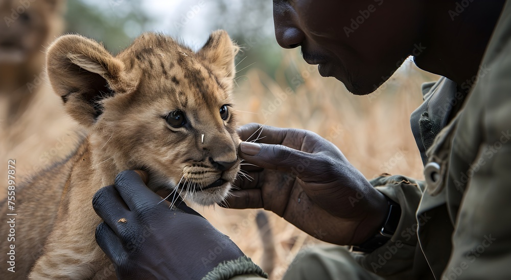 Foto de black aboriginal volunteer helping wild animals of Africa, lion ...