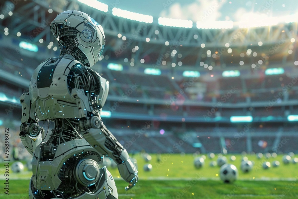 robot playing a soccer match in a pitch of a stadium full of supports ...