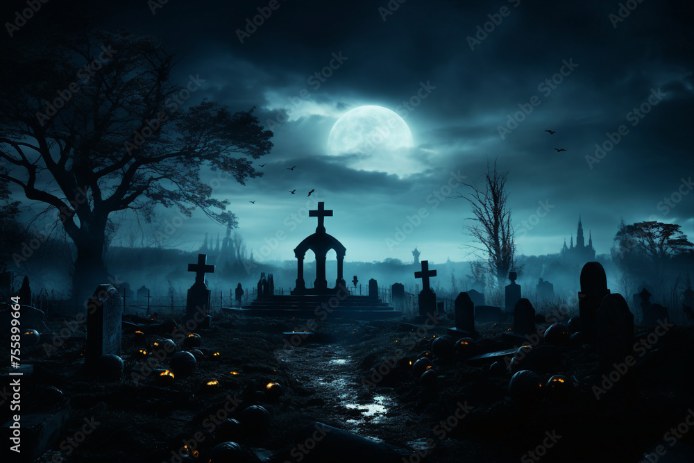 Fear death grave cemetery background moon horror halloween tomb AI ...