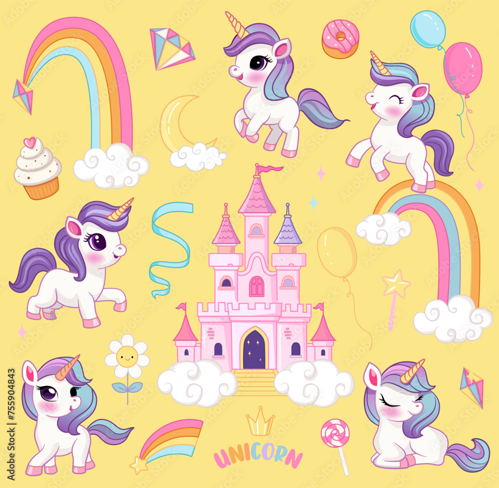 Vector unicorns set. Big collection for Unicorn Party with fairytale ...