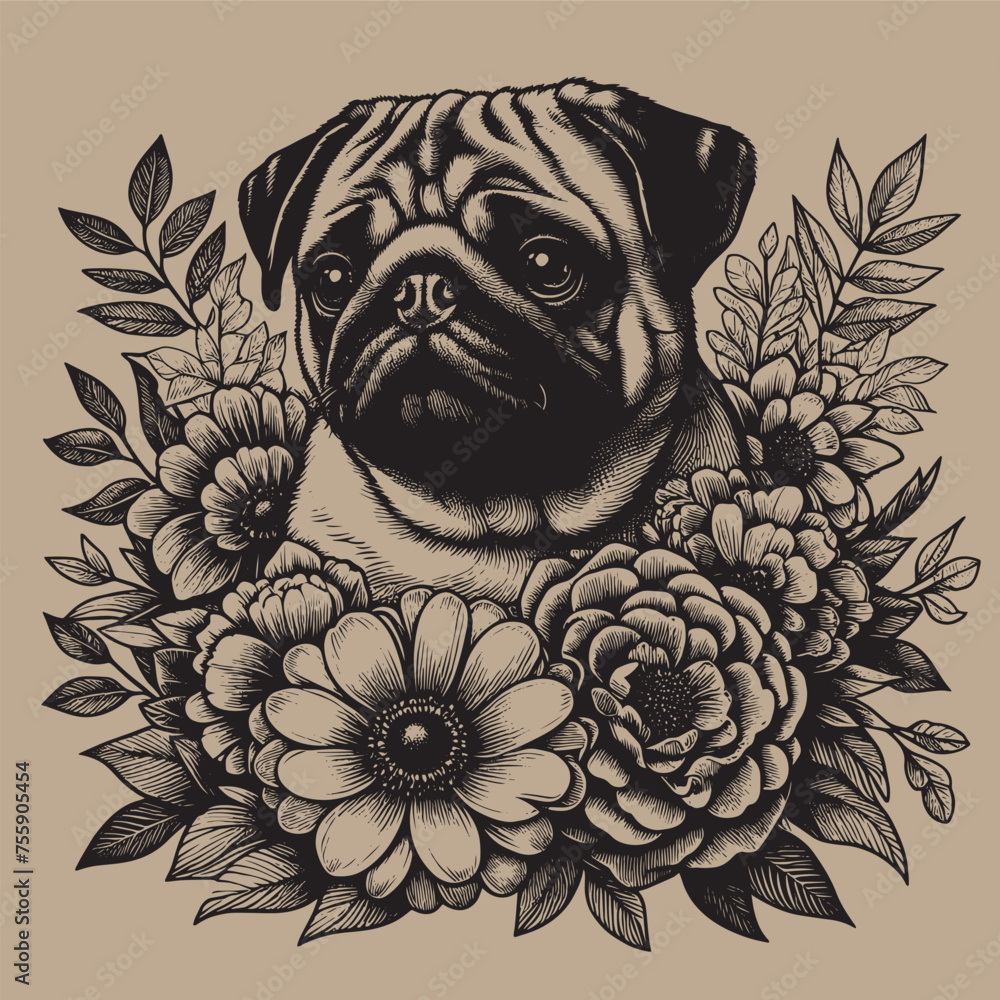 Cute pug dog in flowers. Sketch illustration with ballpoint pen and ink ...