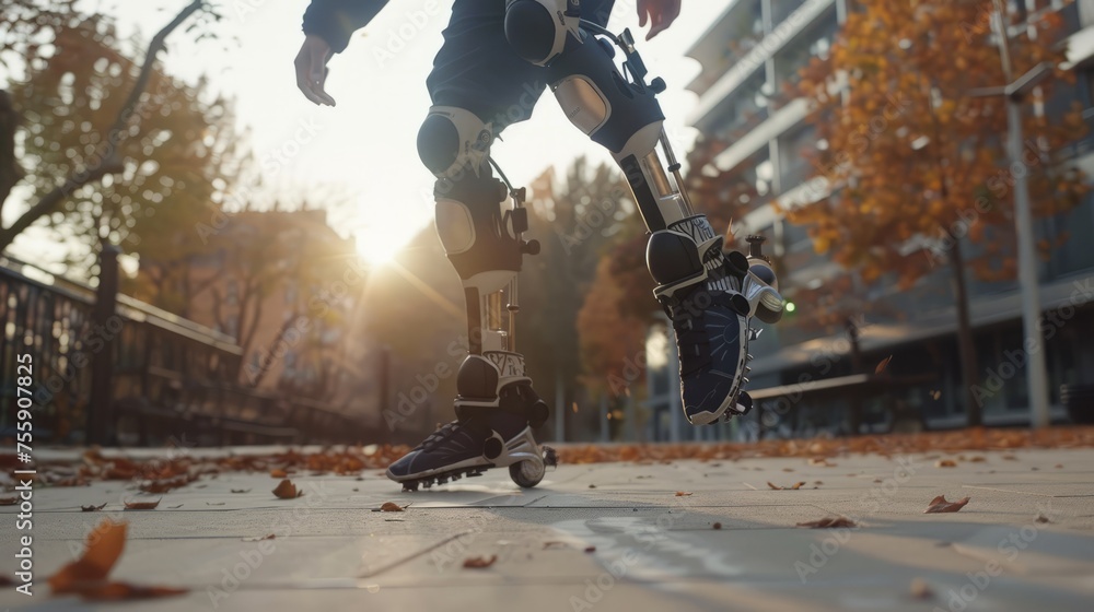 A disabled person with a prosthetic arm roller-skates. Concept amputee ...