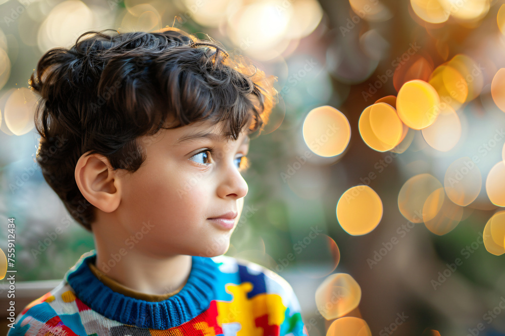 Little boy with autism on blurred background with puzzle pieces. Child ...