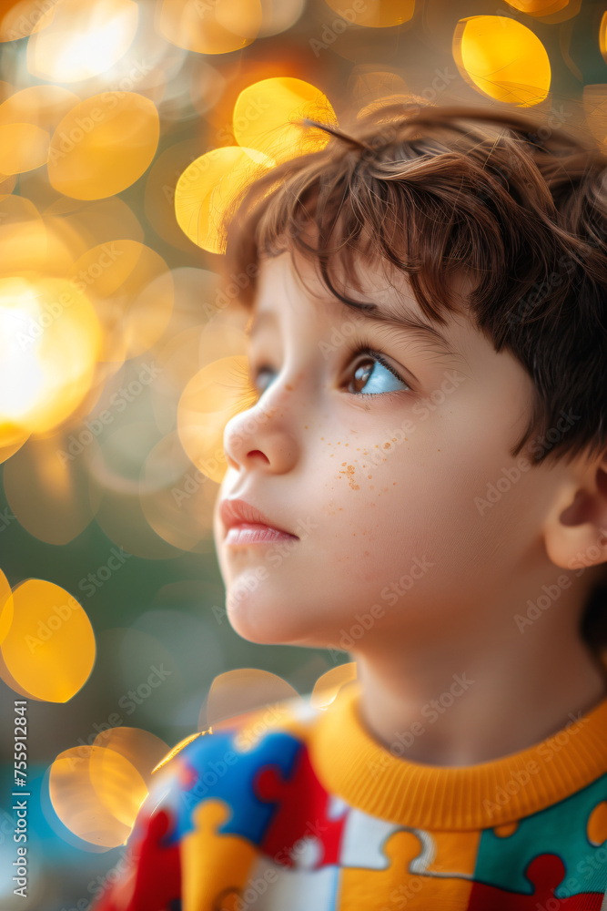 Little boy with autism on blurred background with puzzle pieces. Child ...
