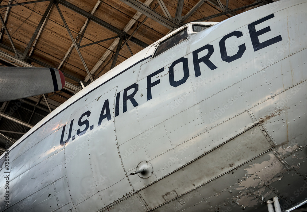 U.S. Air Force sign on the side of an antique vintage airplane being ...