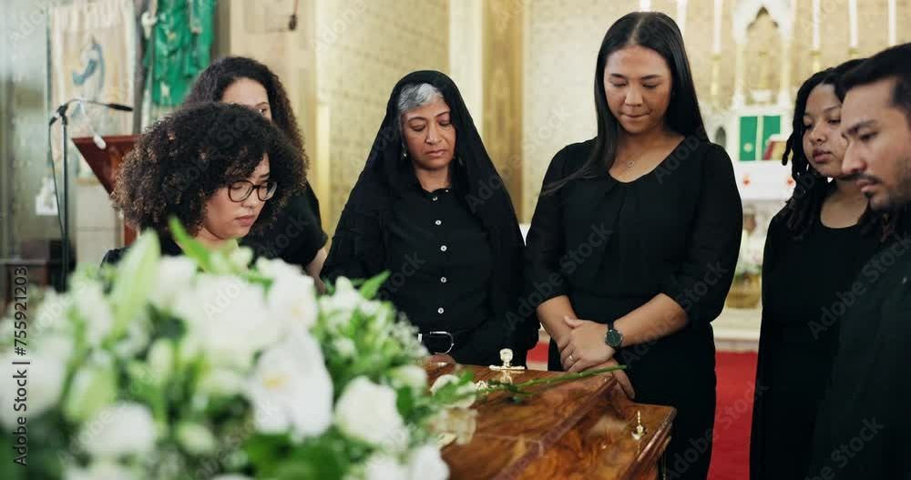 Funeral, church or family by coffin with flowers at memorial service ...