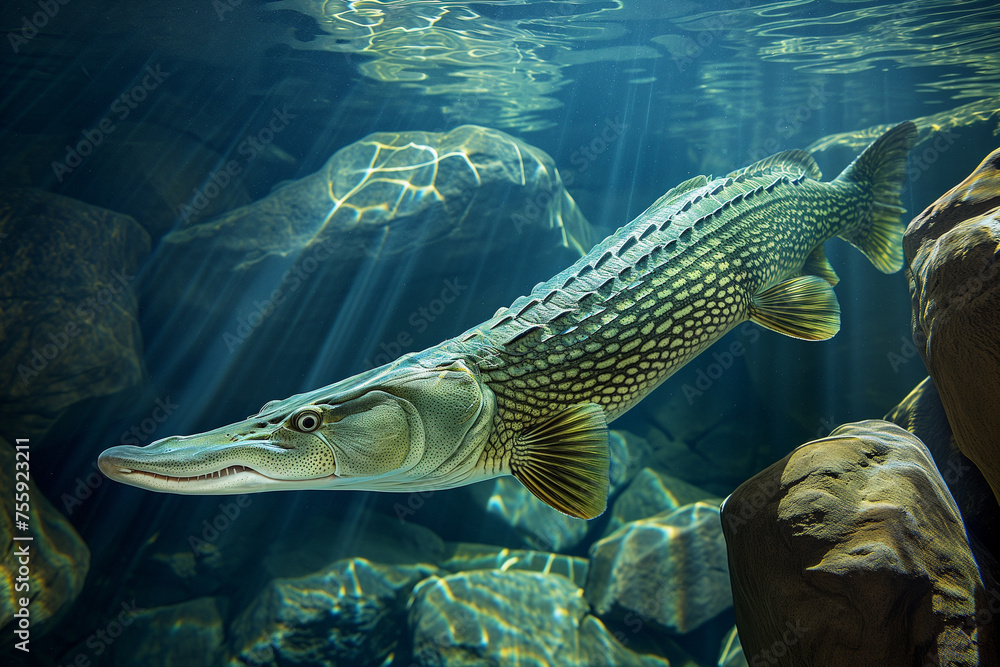 Alligator gar in the sea, Atractosteus spatula, Alligator gar full body ...