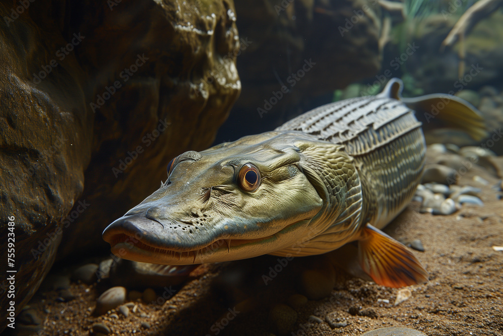 Alligator gar in the sea, Atractosteus spatula, Alligator gar full body ...