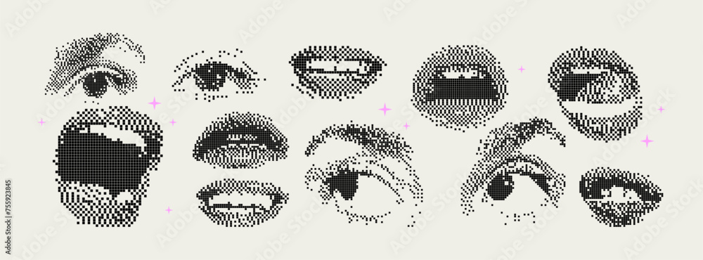 Pixel Y2K female eyes and mouths. Set of trendy different bitmap ...