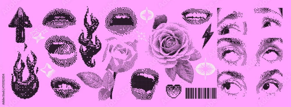 Pixel Y2K female eyes and mouths. Set of trendy different bitmap ...