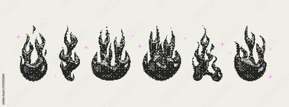 Bitmap Y2K fire shapes.Set of trendy different pixel graphic elements ...