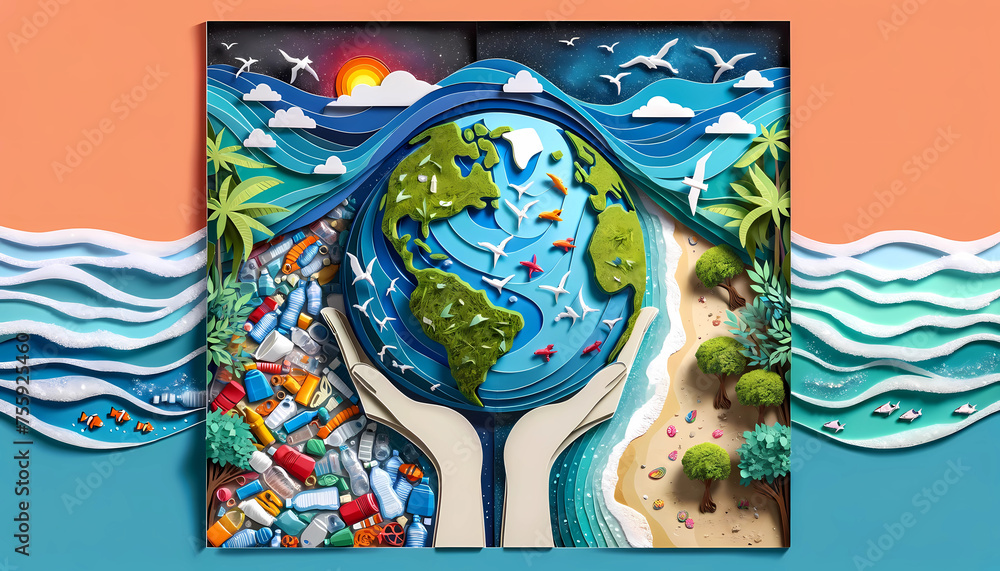 Earth day paper cut art in impact of plastic pollution and the hopeful ...