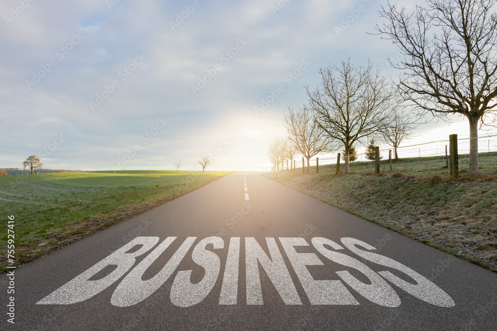 Asphalt road with arrow guideline and Business letters painted on the ...