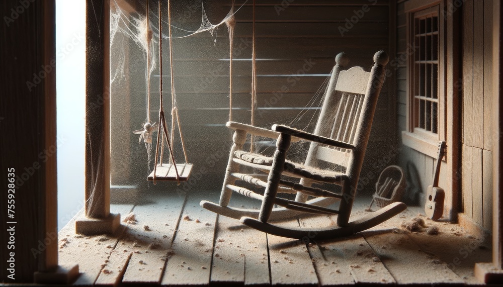 Dilapidated wooden cabin interior with rocking chair and cobweb Stock ...
