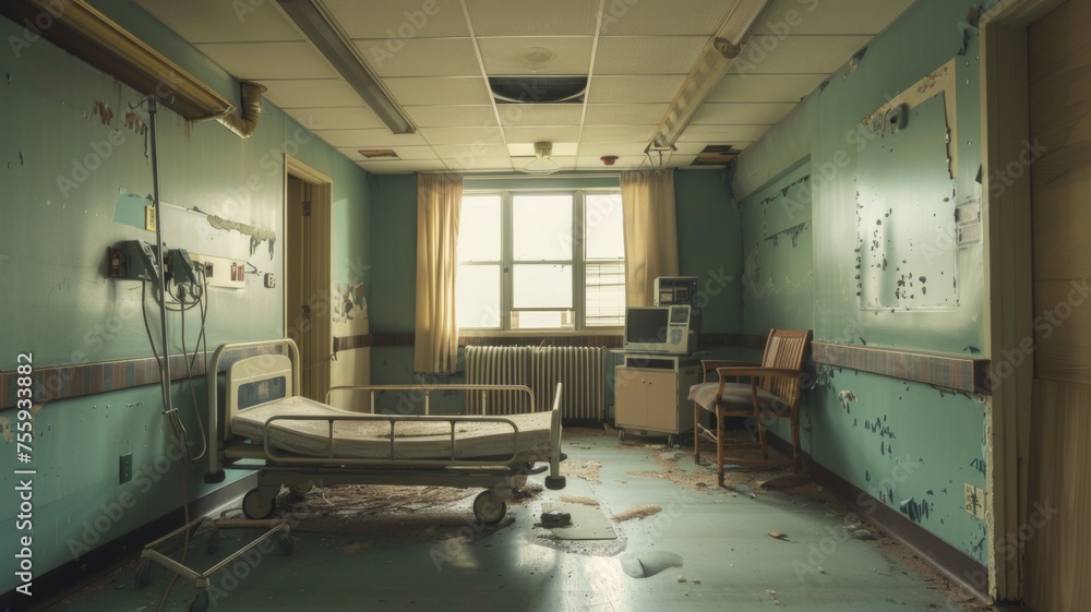 Neglected hospital room with bed and outdated devices - Light streams ...