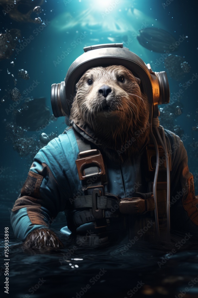 A sea otter is underwater, wearing a diving suit and helmet, equipped ...