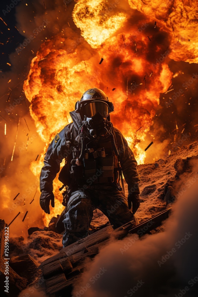 A man wearing a gas mask stands in front of a roaring fire, a scene ...