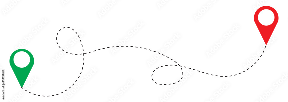Route between two map pointers. Vector illustration of road from start ...