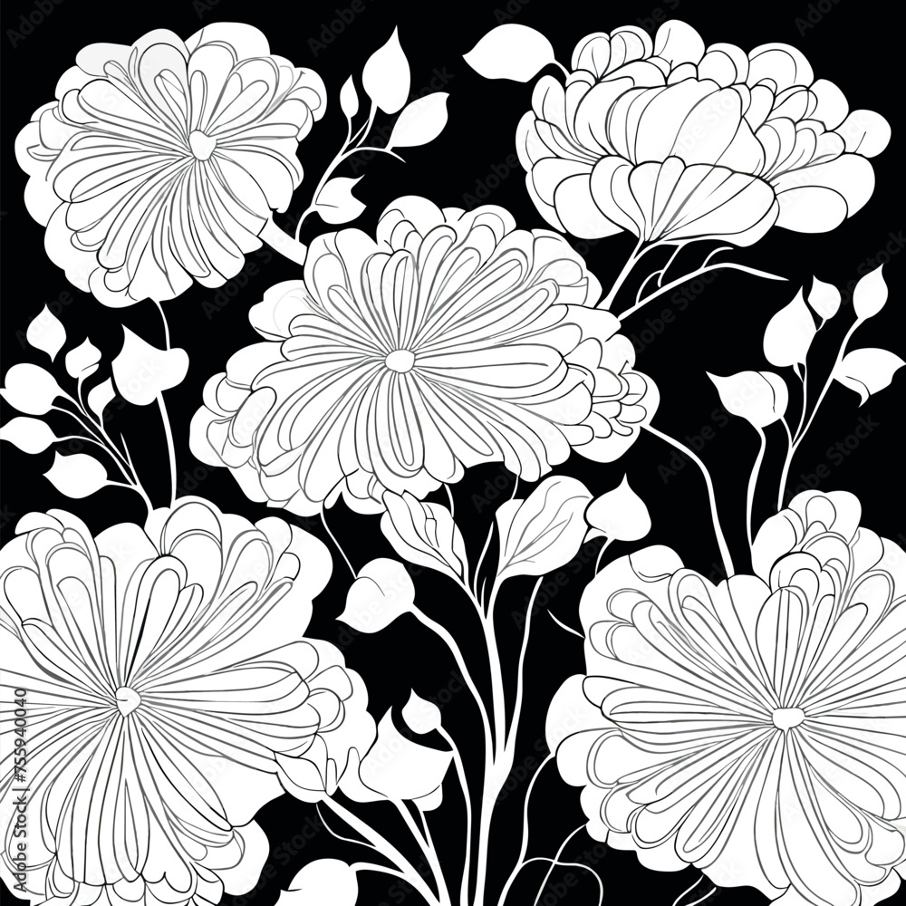 black and white lineart of wallpaper with small repetitive floral ...